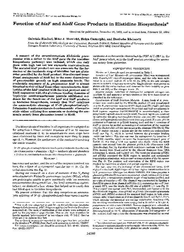 (PDF) THE JOURNAL OF B I O ~ I C A L CHEMISTRY Function of hisF and ...