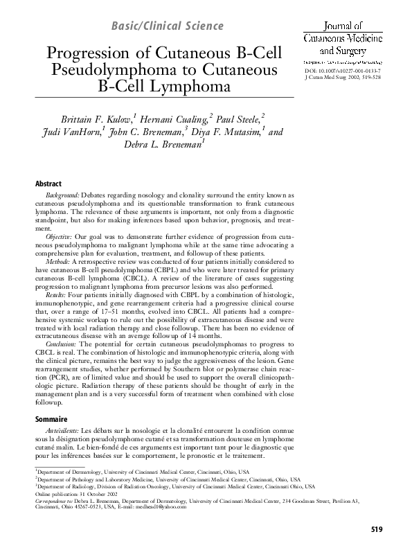 (PDF) Progression of Cutaneous B-Cell Pseudolymphoma to Cutaneous B ...
