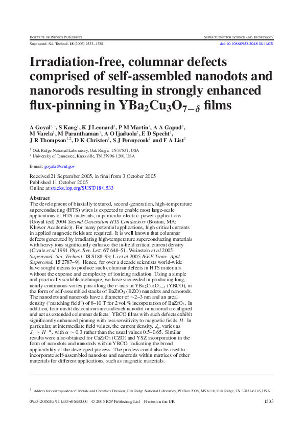 (PDF) Irradiation-free, columnar defects comprised of self-assembled ...