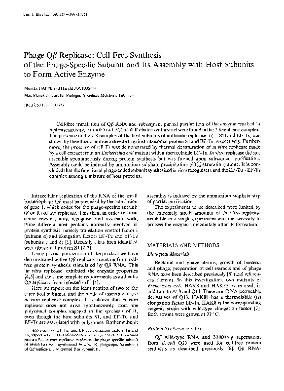 (PDF) Phage Qbeta Replicase: Cell-Free Synthesis of the Phage-Specific ...