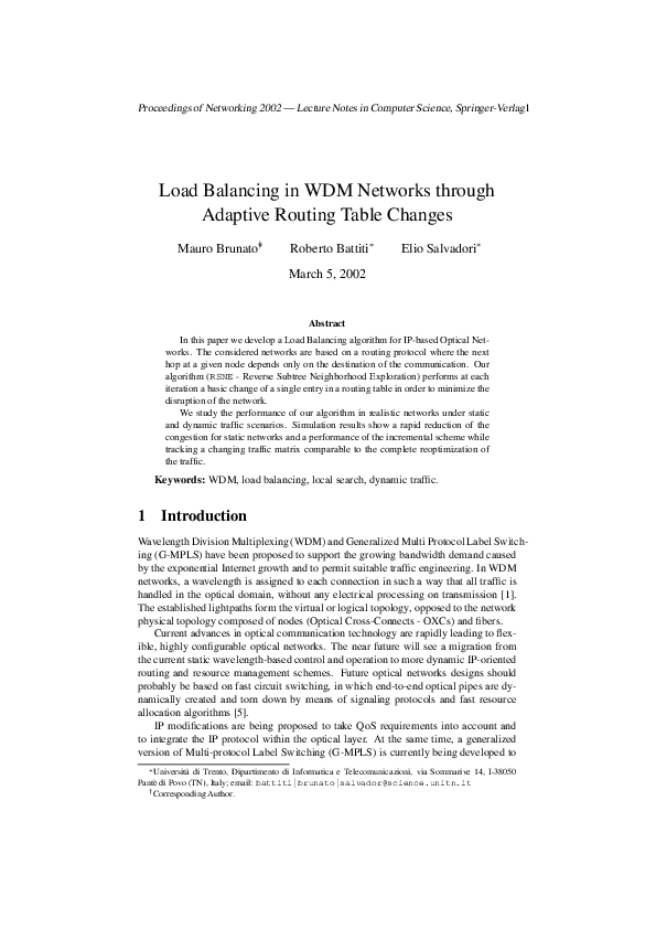 (PDF) Load Balancing in WDM Networks through Adaptive Routing Table Changes