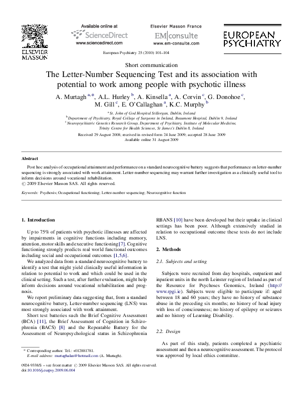 Pdf The Letter Number Sequencing Test And Its Association With