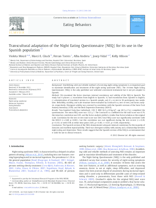 (PDF) Transcultural adaptation of the Night Eating Questionnaire (NEQ ...