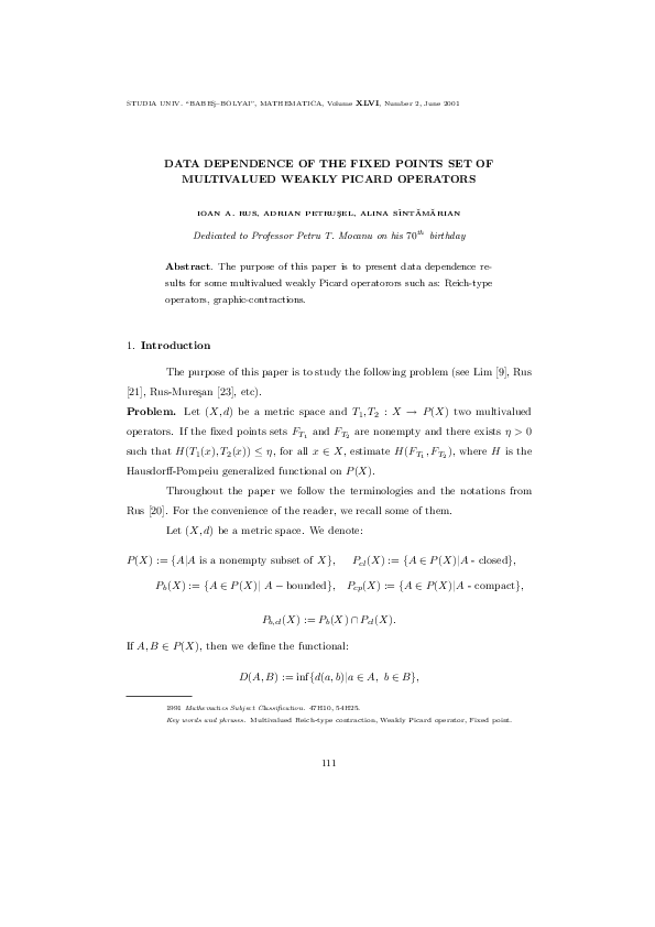 Pdf Data Dependence Of The Fixed Points Set Of Multivalued Weakly