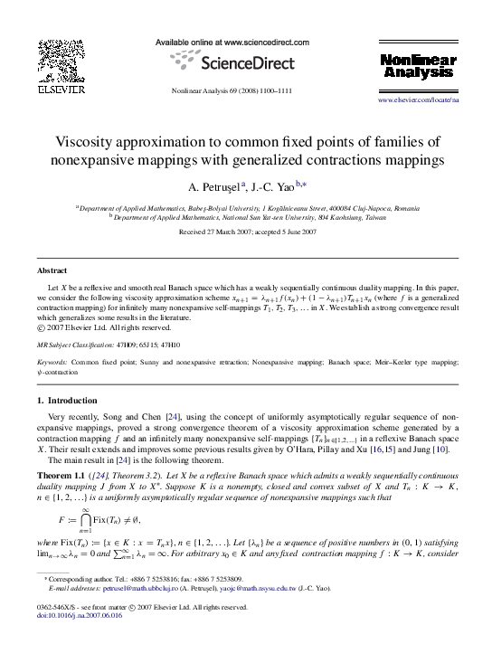 Pdf Viscosity Approximation To Common Fixed Points Of Families Of Nonexpansive Mappings With