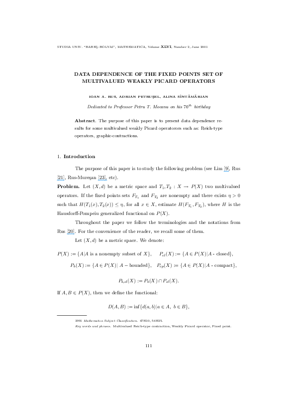 (PDF) Data dependence of the fixed point set of some multivalued weakly Picard operators