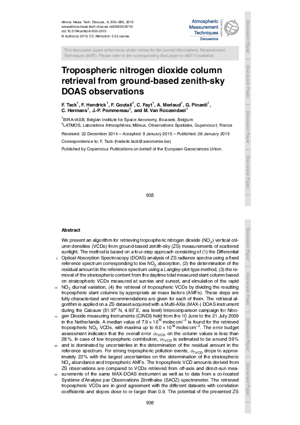 (PDF) Tropospheric nitrogen dioxide column retrieval from ground-based ...