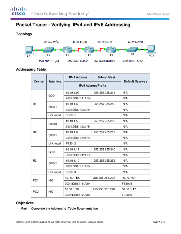 (PDF) Packet Tracer -Verifying IPv4 and IPv6 Addressing Objectives ...