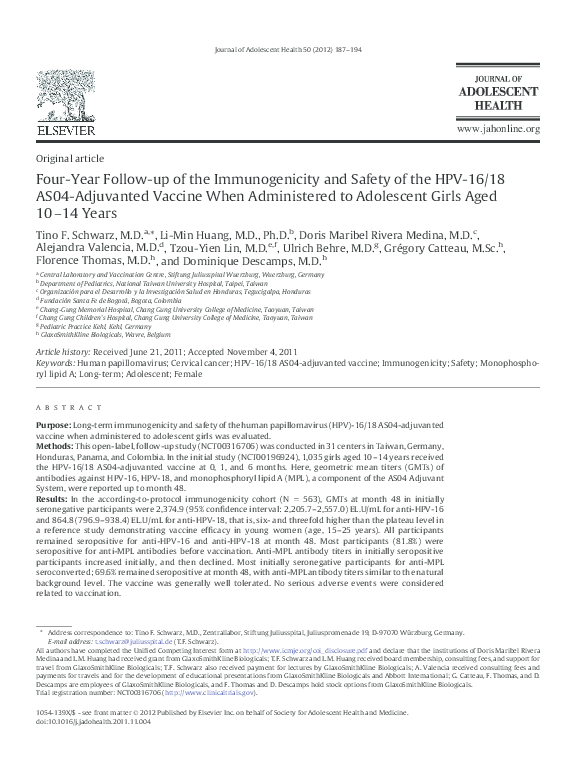 (PDF) Four-year follow-up of the immunogenicity and safety of the HPV16 ...