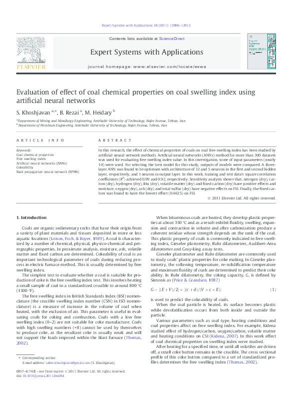 (PDF) Evaluation of effect of coal chemical properties on coal swelling index using artificial ...