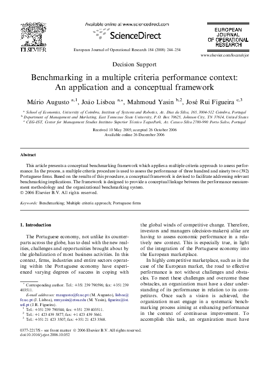 Pdf Benchmarking In A Multiple Criteria Performance Context An
