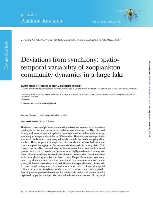 (PDF) Deviations from synchrony: spatio-temporal variability of zooplankton community dynamics ...