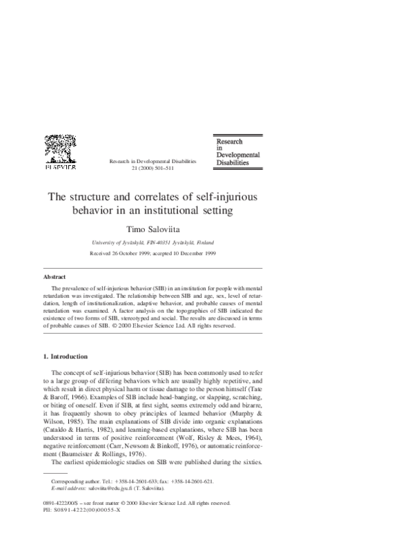 (PDF) The structure and correlates of self-injurious behavior in an ...