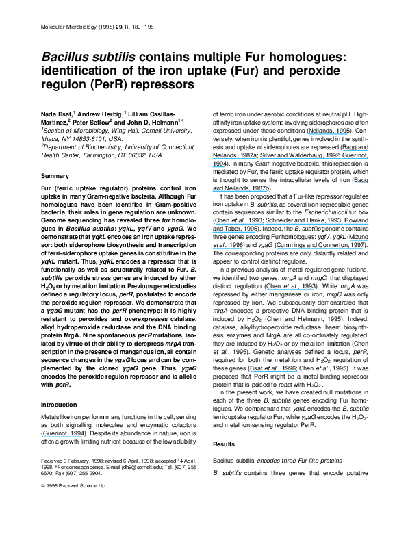 (PDF) Molecular characterization of the ferric-uptake regulator, Fur, from Staphylococcus aureus ...