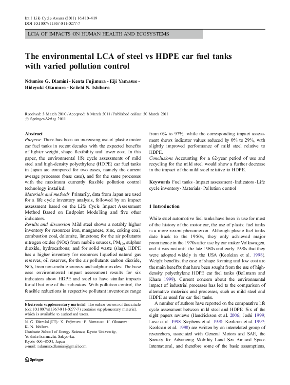 (PDF) The environmental LCA of steel vs HDPE car fuel tanks with varied ...