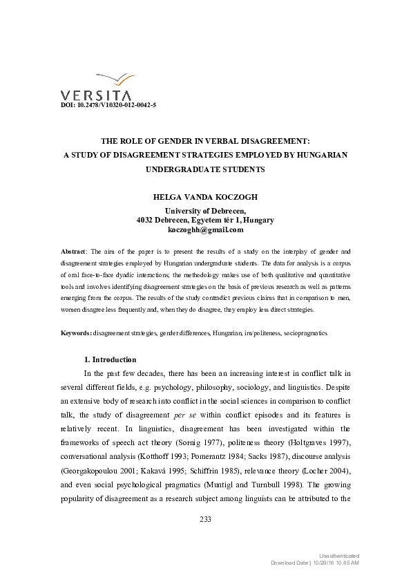 (PDF) The Role of Gender in Verbal Disagreement: A Study of ...