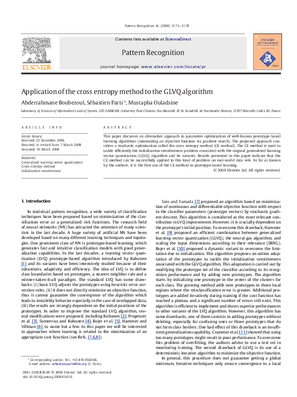 Pdf Application Of The Cross Entropy Method To The Glvq Algorithm