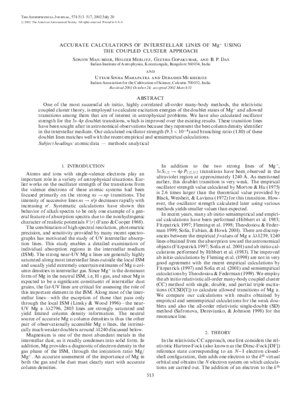 (PDF) Accurate Calculations of Interstellar Lines of Mg+ Using the Coupled Cluster Approach