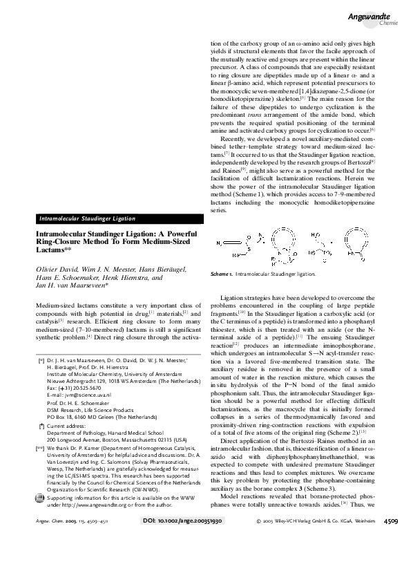 (PDF) Intramolecular Staudinger ligation: A powerful ring-closure ...
