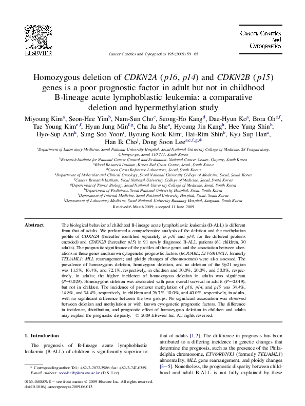 (PDF) Homozygous deletion of CDKN2A ( p16, p14) and CDKN2B ( p15) genes is a poor prognostic ...