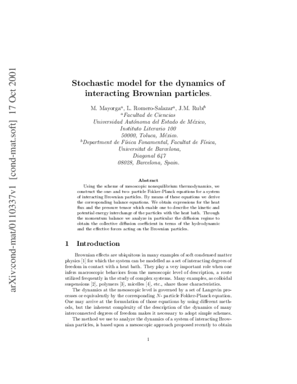 Pdf Stochastic Model For The Dynamics Of Interacting Brownian Particles