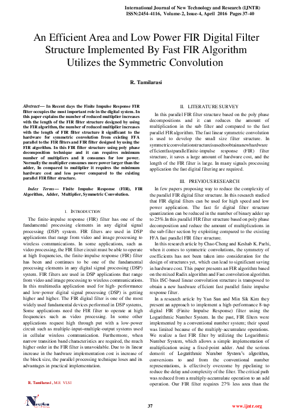 Pdf An Efficient Area And Low Power Fir Digital Filter Structure Implemented By Fast Fir