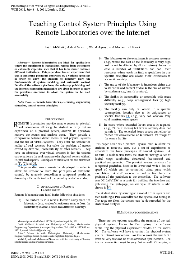 (PDF) Teaching Control System Principles Using Remote Laboratories over ...