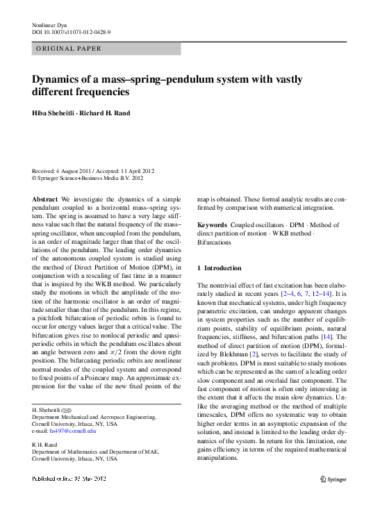 (PDF) Dynamics of a mass–spring–pendulum system with vastly different ...