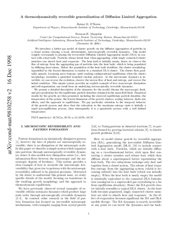 (PDF) Thermodynamically reversible generalization of diffusion limited aggregation