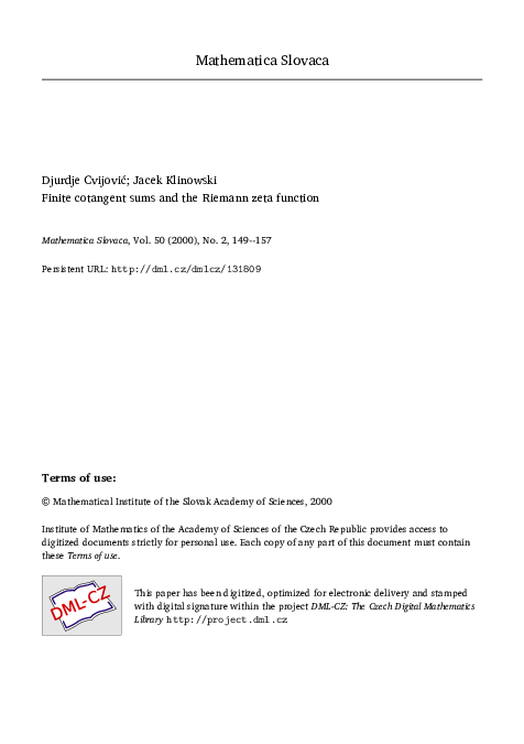 (PDF) Finite cotangent sums and the Riemann zeta function