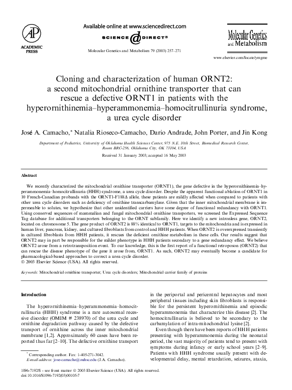 (PDF) Cloning and characterization of human ORNT2: a second ...