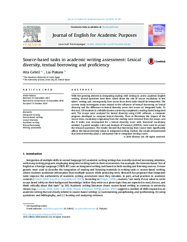 (PDF) Gebril, A., & Plakans, L. Source-based tasks in academic writing ...