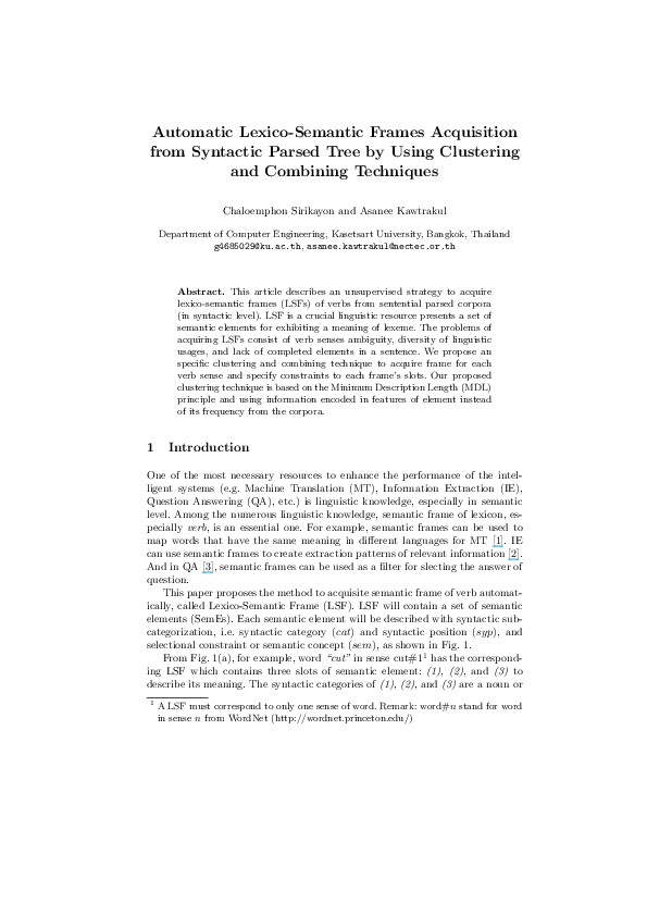 Pdf Automatic Lexico Semantic Frames Acquisition From Syntactic Parsed Tree By Using
