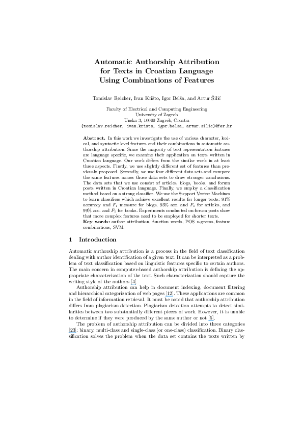 Pdf Automatic Authorship Attribution For Texts In Croatian Language Using Combinations Of Features