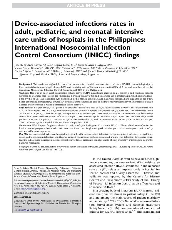 (PDF) Device-associated infections rates in adult, pediatric, and ...