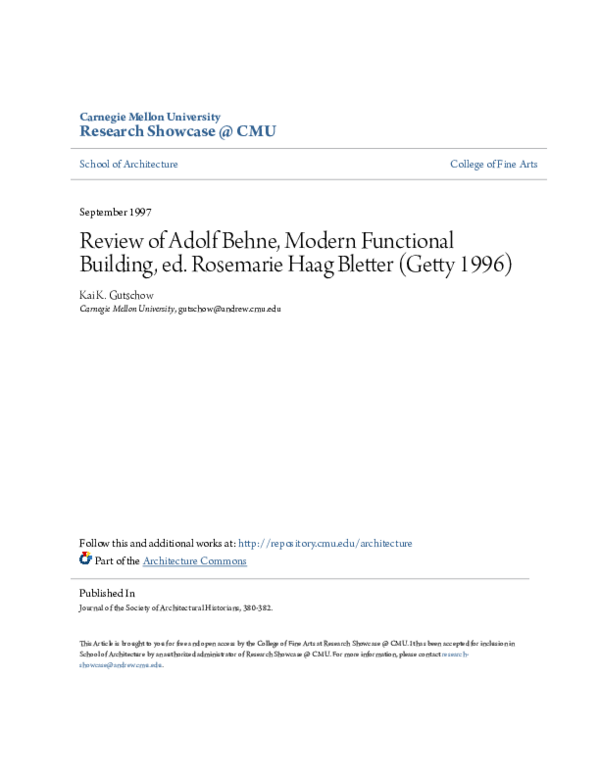 (PDF) Review of Adolf Behne, Modern Functional Building, ed. Rosemarie ...