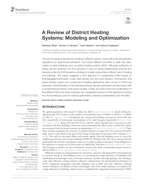 (PDF) A Review of District Heating Systems: Modeling and Optimization