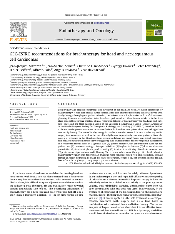 (PDF) GEC-ESTRO recommendations for brachytherapy for head and neck ...