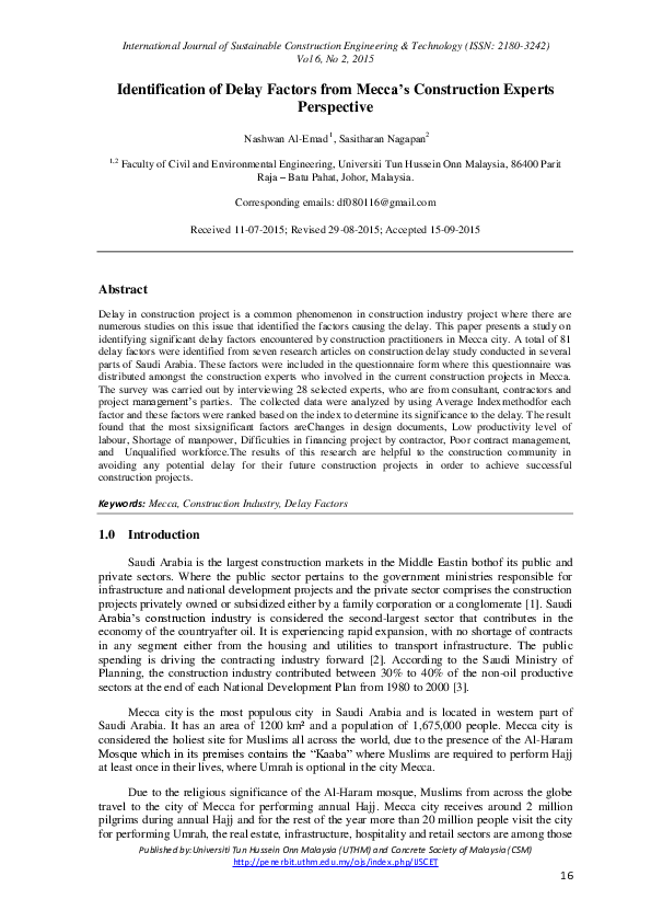 (PDF) Identification of Delay Factors from Mecca's Construction Experts Perspective