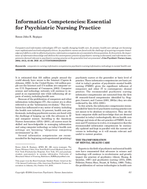 (PDF) Informatics Competencies: Essential for Psychiatric Nursing Practice