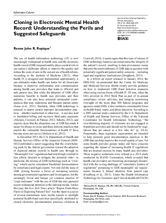 (PDF) Cloning in Electronic Mental Health Record: Understanding the ...