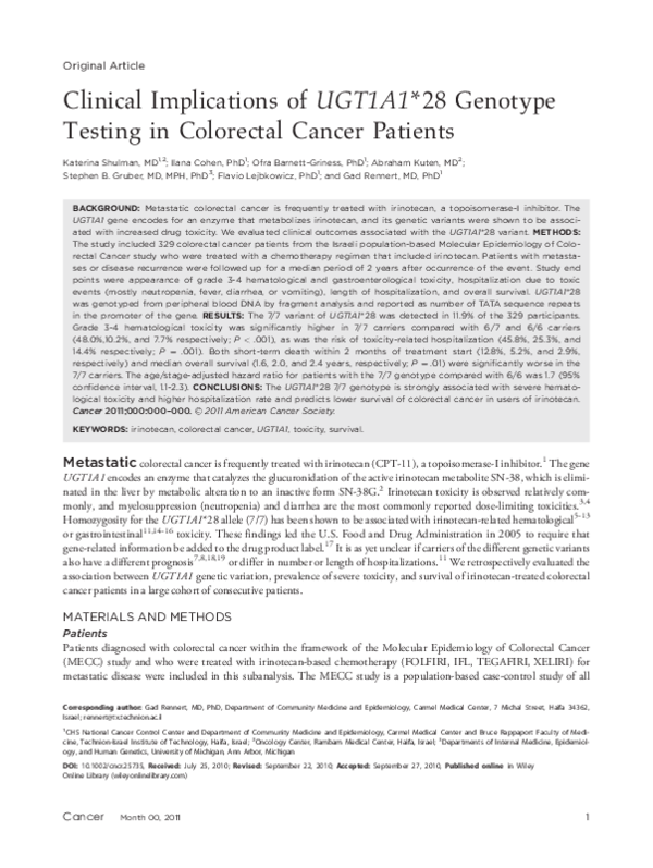 (PDF) Clinical Implications of UGT1A1*28 Genotype Testing in Colorectal ...