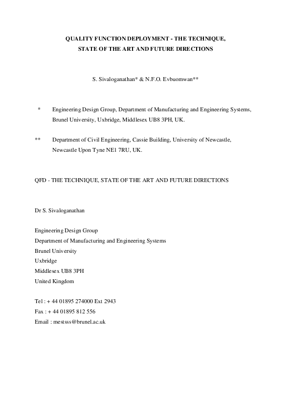 (PDF) Quality Function Deployment--The Technique: State of the Art and ...