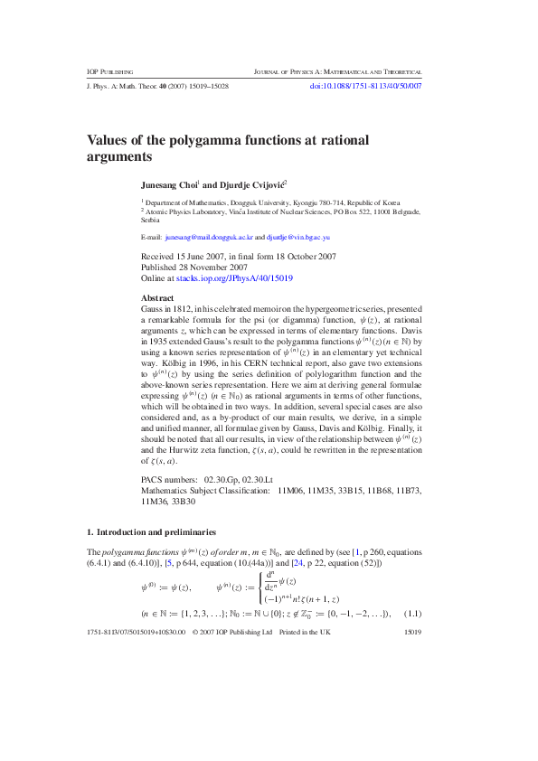Pdf Values Of The Polygamma Functions At Rational Arguments 3222
