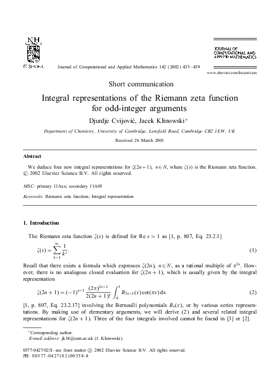 (PDF) Integral representations of the Riemann zeta function for odd-integer arguments
