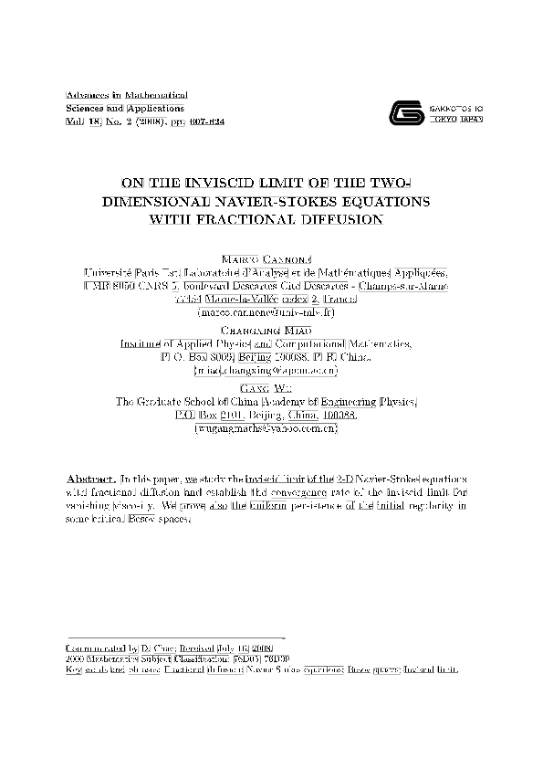 (PDF) On the inviscid limit of the two dimensional Navier-Stokes ...