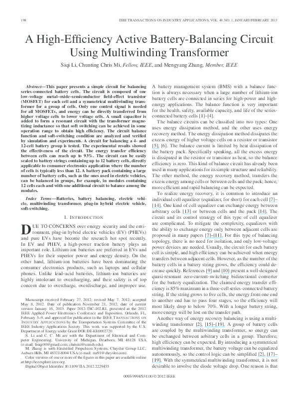 Pdf A High Efficiency Active Battery Balancing Circuit Using Multiwinding Transformer