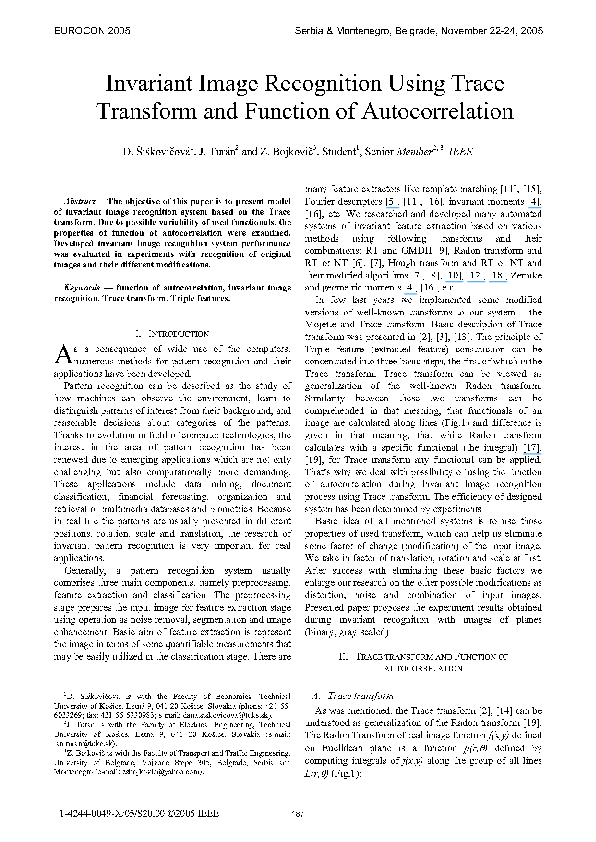 (PDF) Invariant Image Recognition Using Trace Transform and Function of Autocorrelation