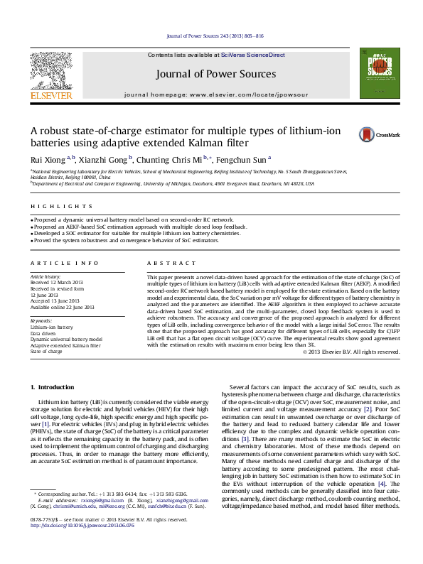 Pdf A Robust State Of Charge Estimator For Multiple Types Of Lithium