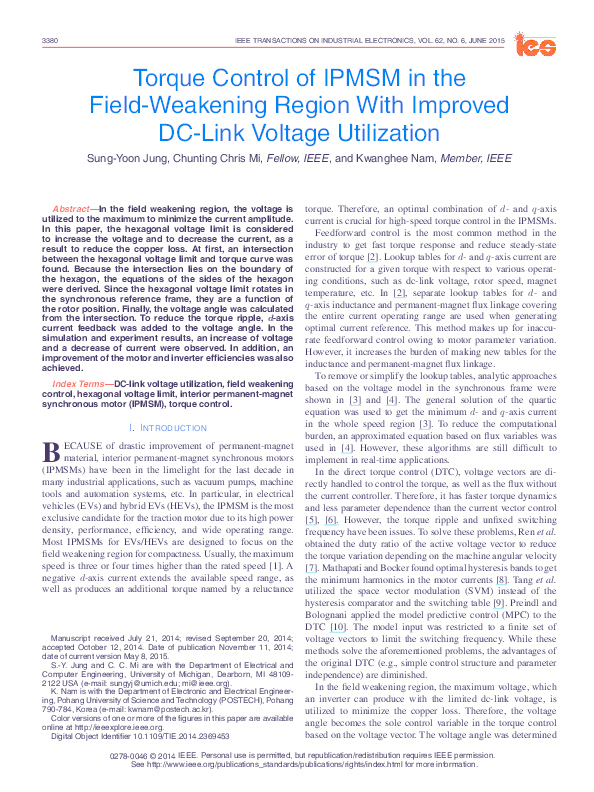 (PDF) Torque Control of IPMSM in the Field Weakening Region with Improved DC-Link Voltage ...